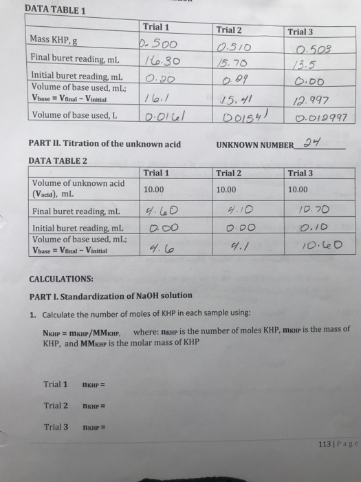 Solved DATA TABLE 1 Trial 1 D. 500 Trial 2 Trial 3 Mass KHP, | Chegg.com