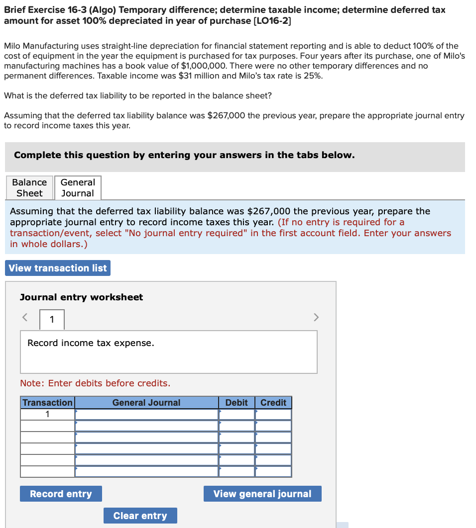Solved Brief Exercise 16-3 (Algo) Temporary difference; | Chegg.com
