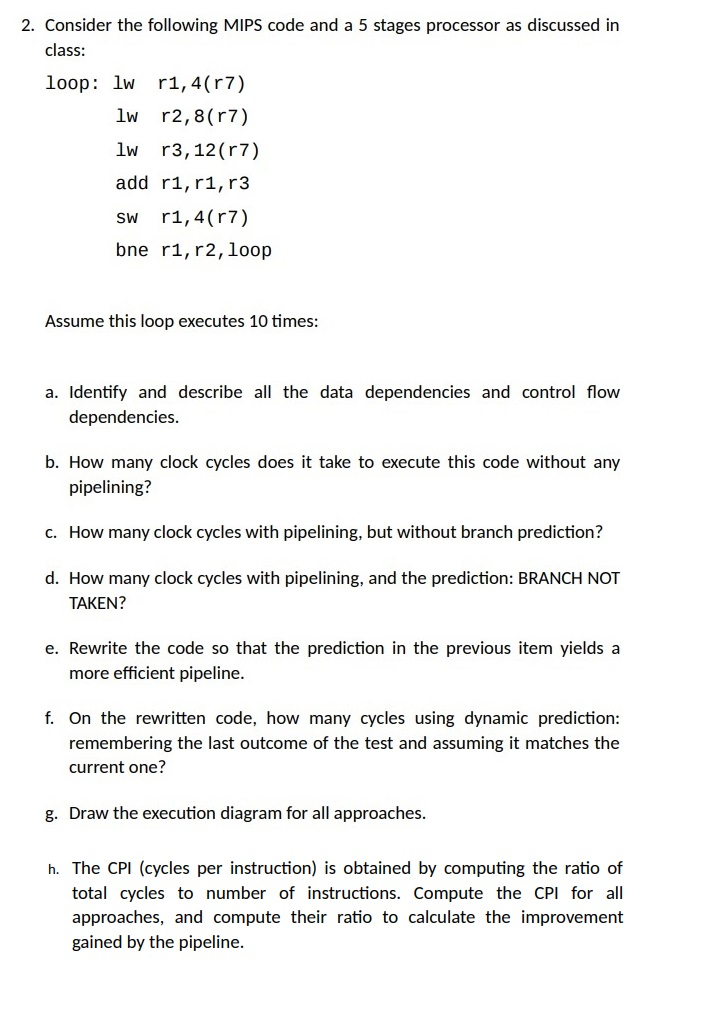 Solved 2. Consider the following MIPS code and a 5 stages | Chegg.com
