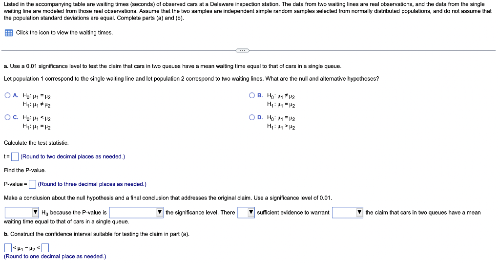 Solved Listed in the accompanying table are waiting times | Chegg.com