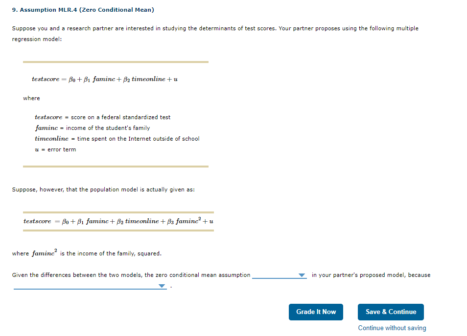 Solved 9. Assumption MLR.4 (Zero Conditional Mean) Suppose | Chegg.com