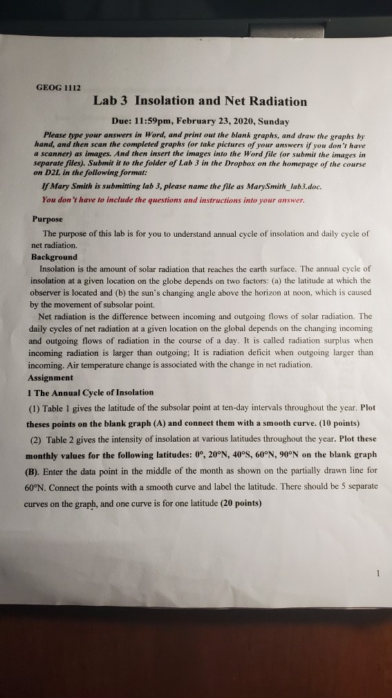 GEOG 1112 Lab 3 Insolation and Net Radiation Due: | Chegg.com