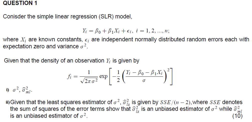 Solved QUESTION 1 Conisder the simple linear regression | Chegg.com