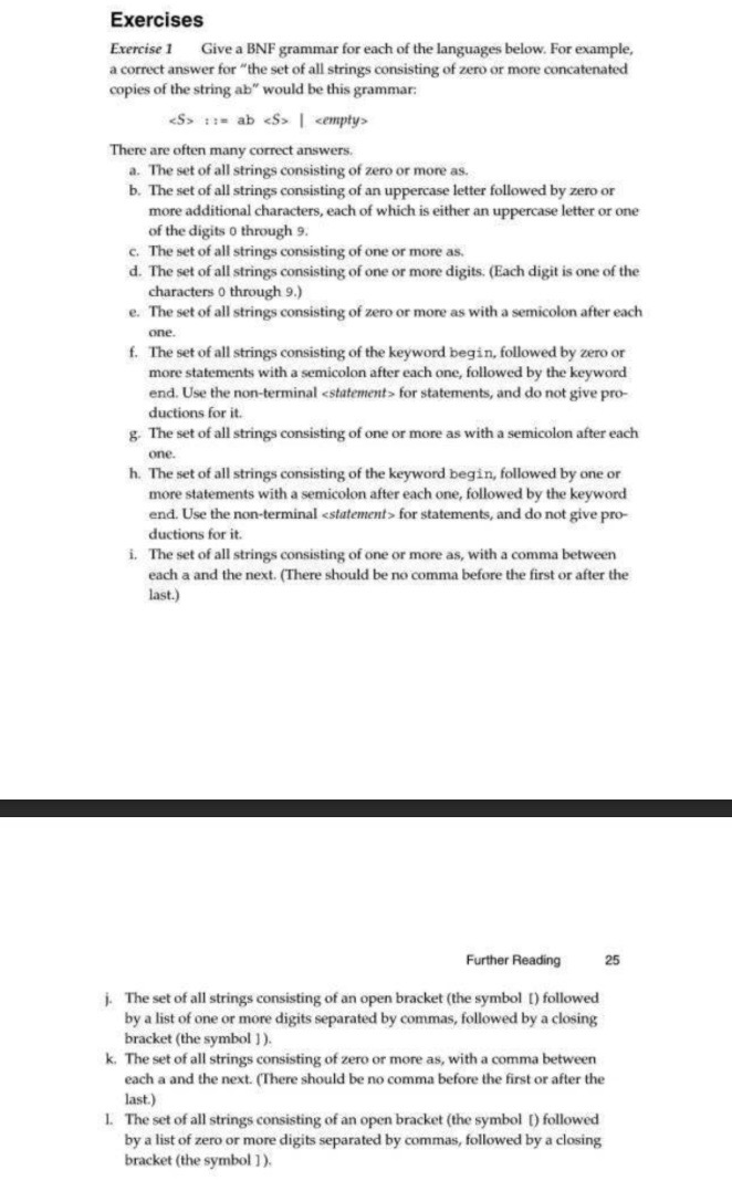 Solved Exercises Exercise 1 Give a BNF grammar for each of | Chegg.com