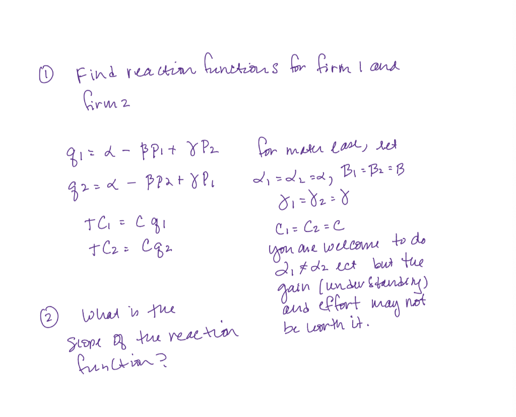 Solved 1. Find the reaction functions for firm 1 and firm | Chegg.com