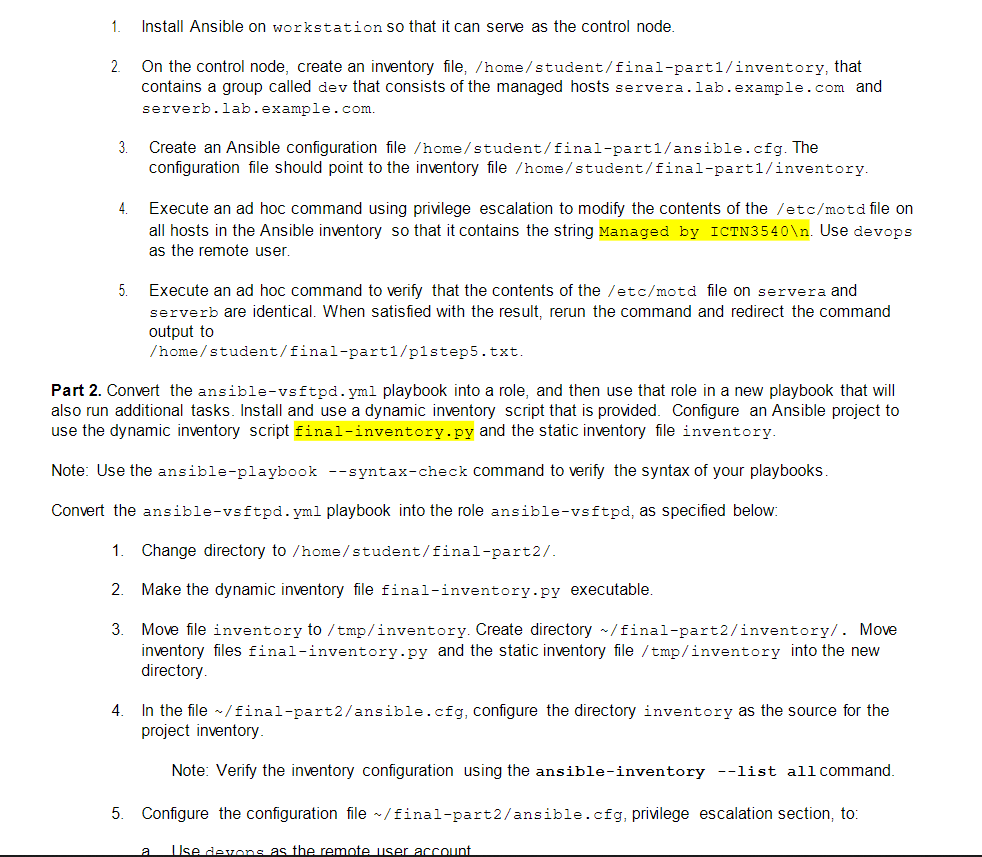 Part 1. Install Ansible on VM workstation, which will | Chegg.com