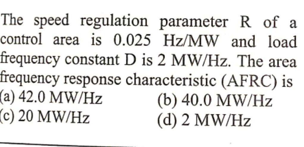 Solved The speed regulation parameter R of a control area is | Chegg.com