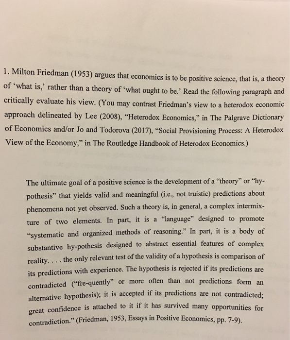 Solved Milton Friedman (1953) argues that economics is to be | Chegg.com