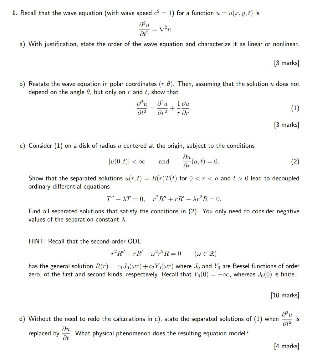Solved 1. Recall that the wave equation (with wave speed | Chegg.com