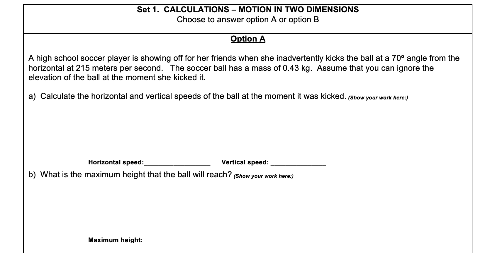Solved Set 1. CALCULATIONS - MOTION IN TWO DIMENSIONS Choose | Chegg.com