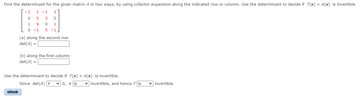 Solved ⎣⎡−1010159−1−1305301−1⎦⎤ (a) along the second row | Chegg.com