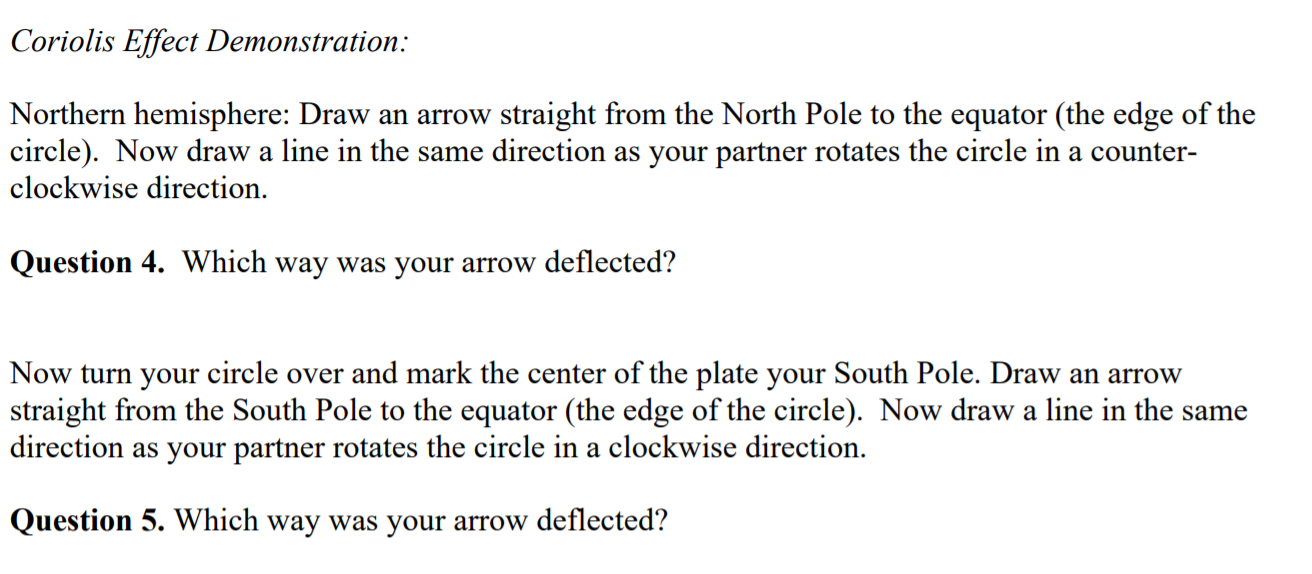 Solved Coriolis Effect Demonstration: Northern hemisphere: | Chegg.com