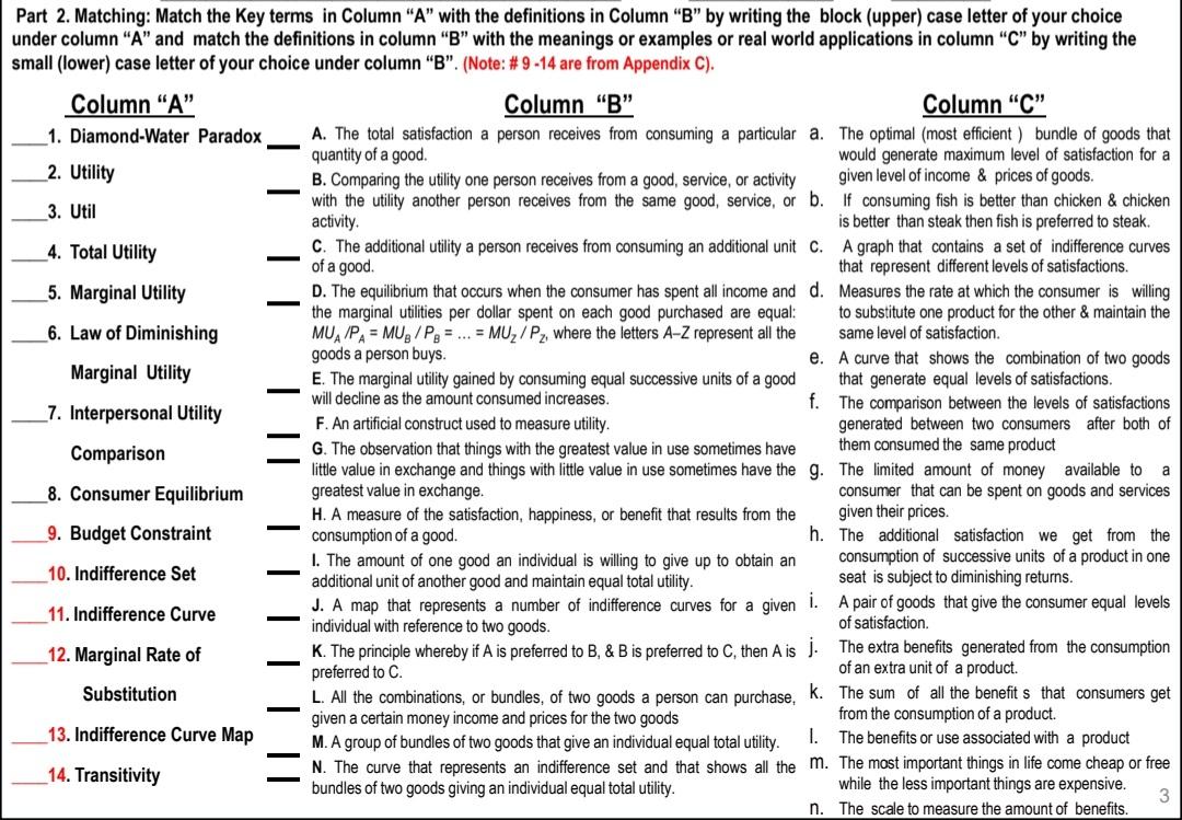 Solved Part 2. Matching: Match the Key terms in Column "A" | Chegg.com