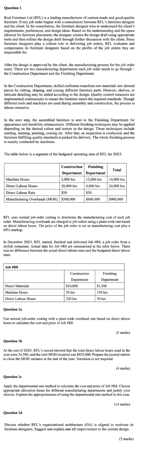 Solved Question 1Real Furniture Ltd (RFL) ﻿is a leading | Chegg.com
