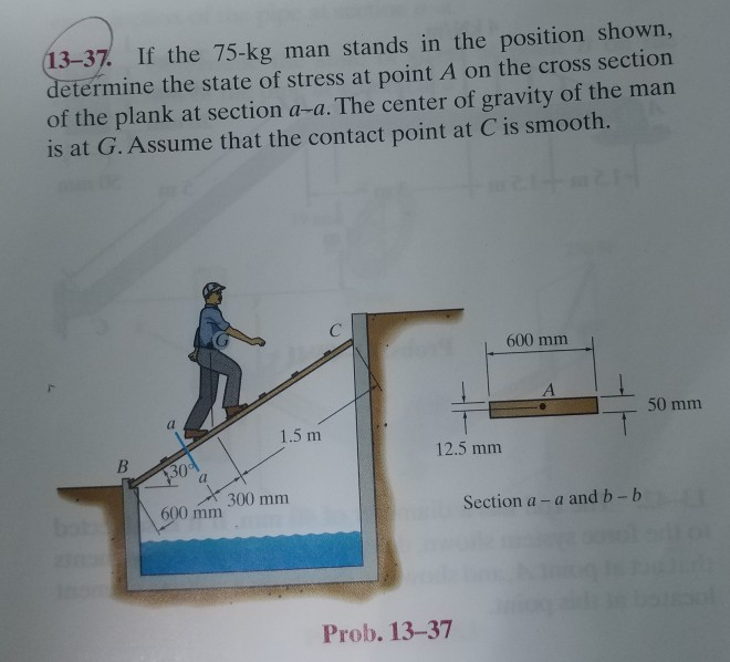 Solved 13-37. If the 75-kg man stands in the position shown, | Chegg.com