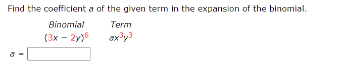 Solved Find the coefficient a of the given term in the | Chegg.com