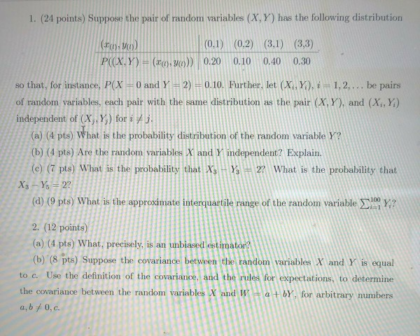 Solved 1. (24 points) Suppose the pair of random variables | Chegg.com
