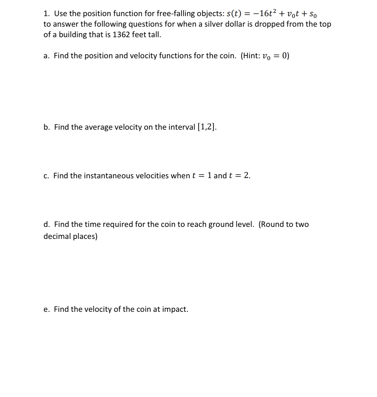 Solved 1. Use the position function for free-falling | Chegg.com