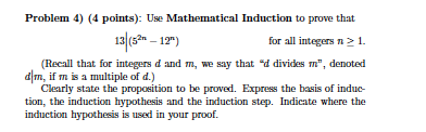 Solved Problem 4) (4 points): Use Mathematical Induction to | Chegg.com