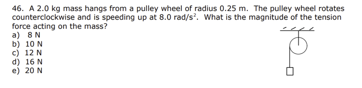 Solved 46. A 2.0 kg mass hangs from a pulley wheel of radius | Chegg.com