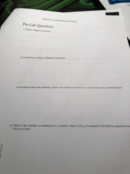 Solved Pre-Lab Questions 1. Define colligative property 2. | Chegg.com