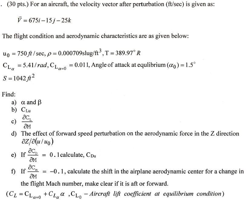 (30 pts.) For an aircraft, the velocity vector after | Chegg.com