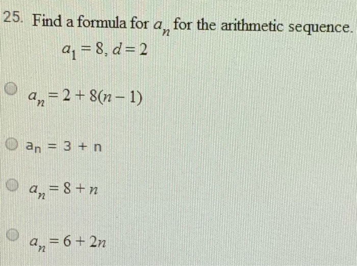 Solved 25. Find a formula for a for the arithmetic sequence | Chegg.com