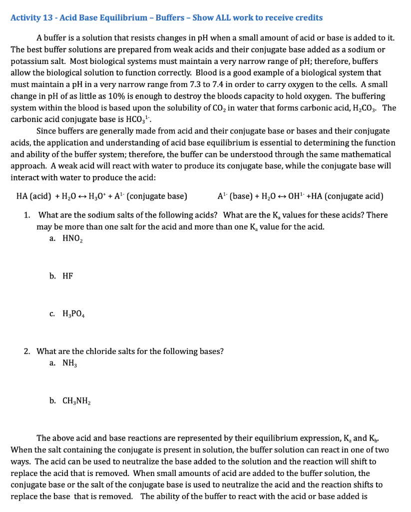 Solved Activity 13 - Acid Base Equilibrium - Buffers - Show | Chegg.com