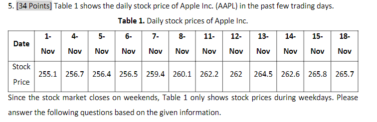 Solved 5. (34 Points] Table 1 shows the daily stock price of | Chegg.com