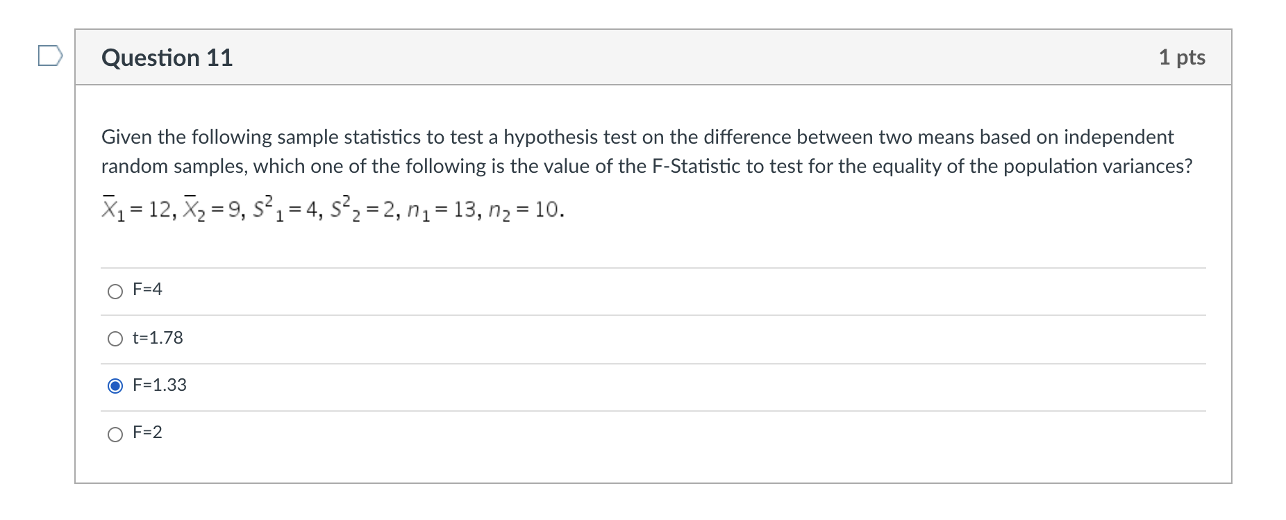 Solved Question 11 1 pts Given the following sample | Chegg.com