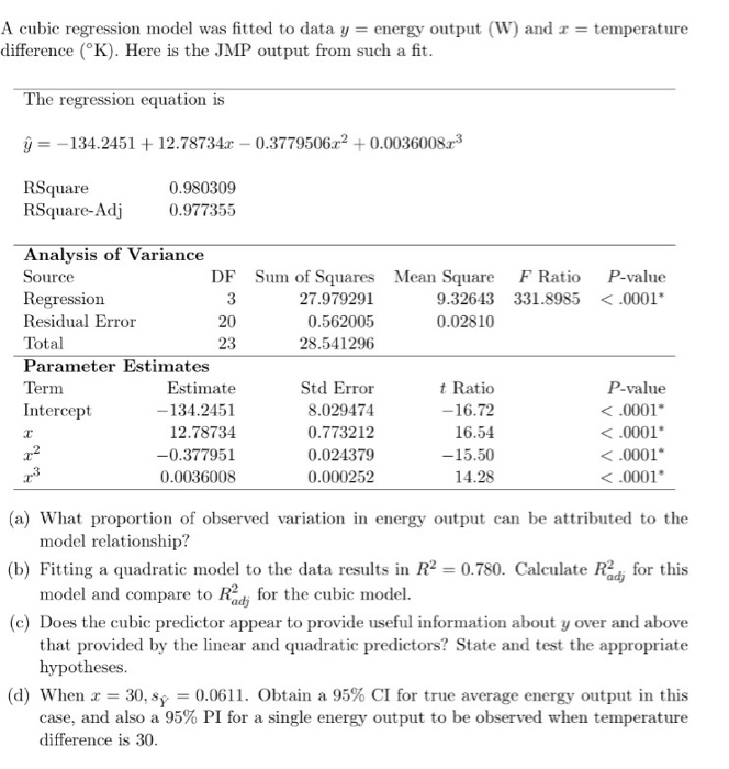 Solved A cubic regression model was fitted to data y = | Chegg.com