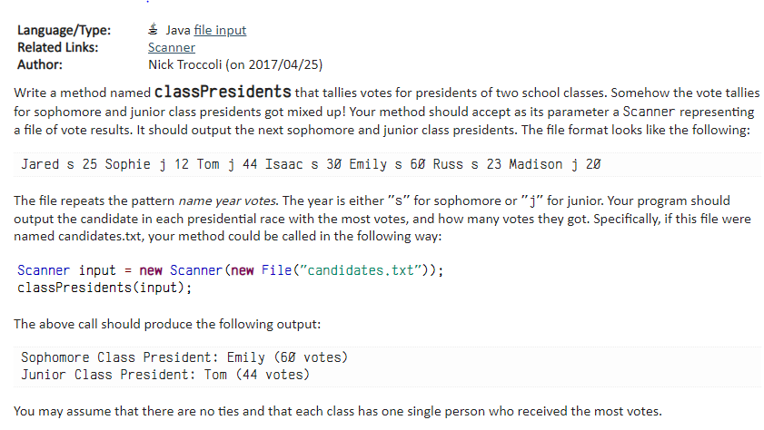 Solved Write a method named ClassPresidents that tallies | Chegg.com
