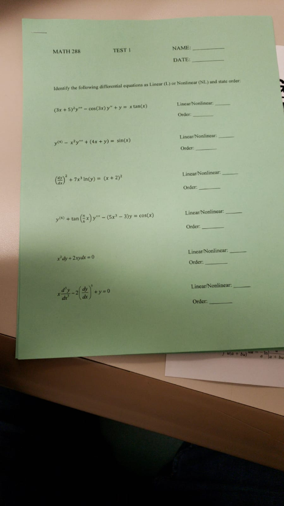 Solved NAME: _ - MATH 288 TEST DATE: Identify the following | Chegg.com