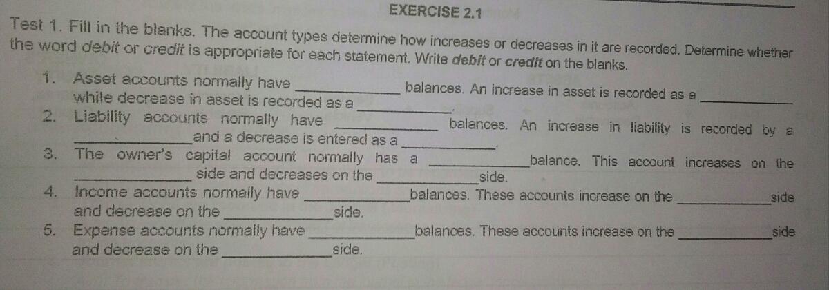 Solved EXERCISE 2.1 Test 1. Fill in the blanks. The account | Chegg.com