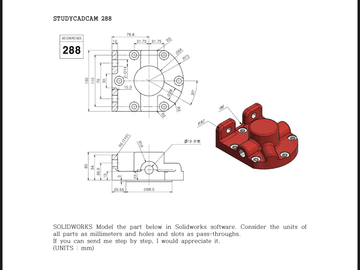 Solved STUDYCADCAM 288 SOLIDWORKS Model the part below in | Chegg.com