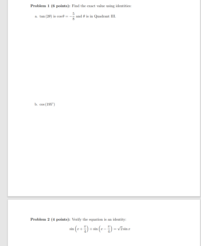 Solved Problem 1 (6 points): Find the exact value using | Chegg.com