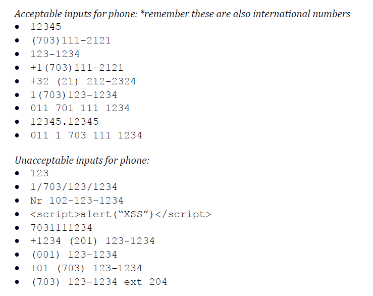 Acceptable inputs for phone: *remember these are also | Chegg.com