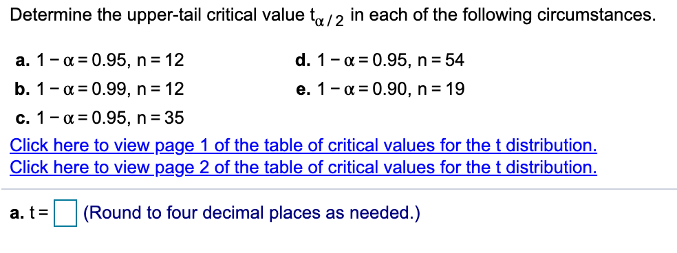 Solved Determine the upper-tail critical value ta/2 in each | Chegg.com