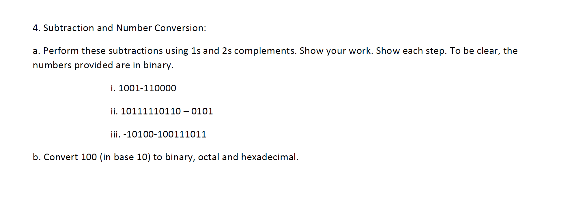 Solved 4. Subtraction and Number Conversion: a. Perform | Chegg.com