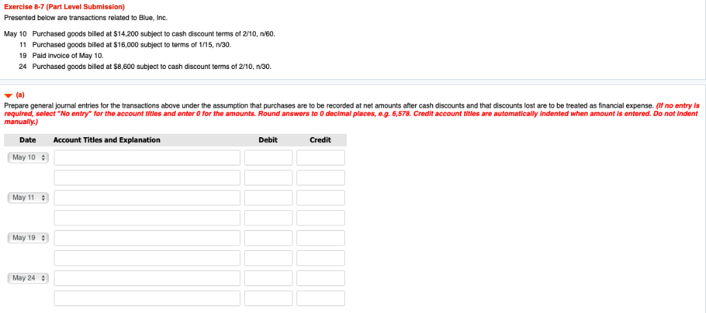 Solved Exercise 8-7 (Part Level Submission) Presented below | Chegg.com