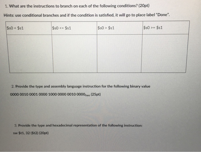 Solved 1. What are the instructions to branch on each of the | Chegg.com