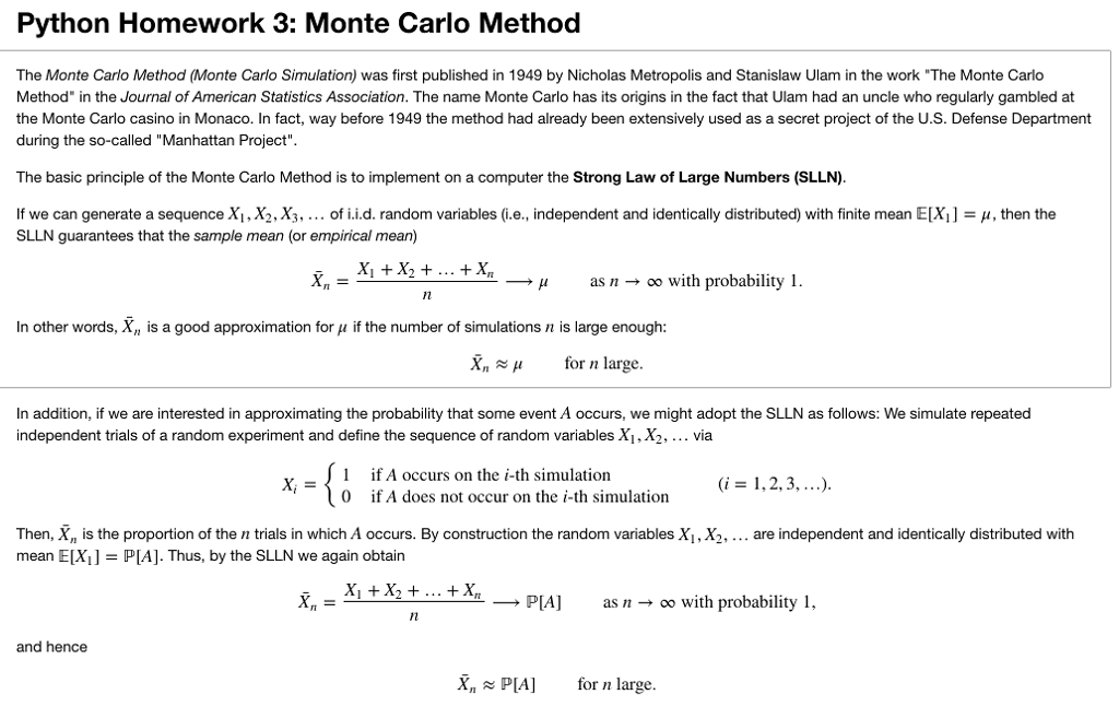 Python Homework 3: Monte Carlo Method The Monte Carlo | Chegg.com