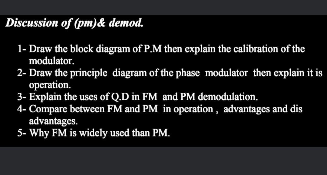 Solved Discussion of (pm)& demod. 1- Draw the block diagram | Chegg.com