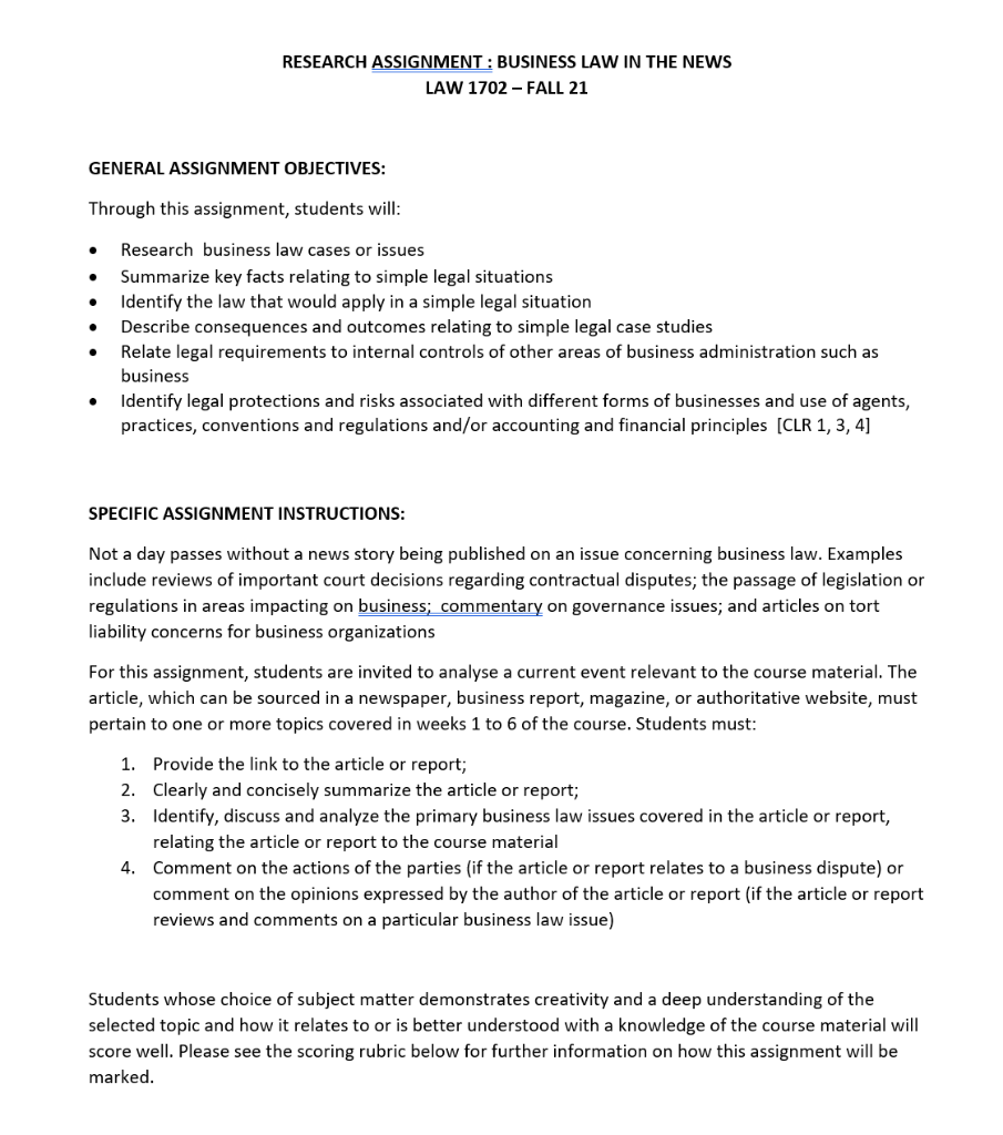 RESEARCH ASSIGNMENT : BUSINESS LAW IN THE NEWS LAW | Chegg.com