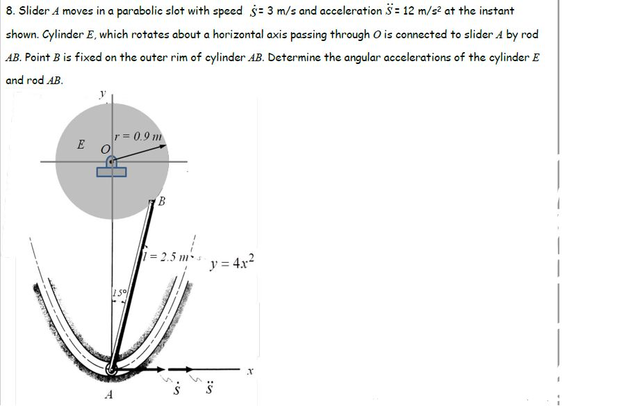 Solved 8. Slider A moves in a parabolic slot with speed s= 3 | Chegg.com