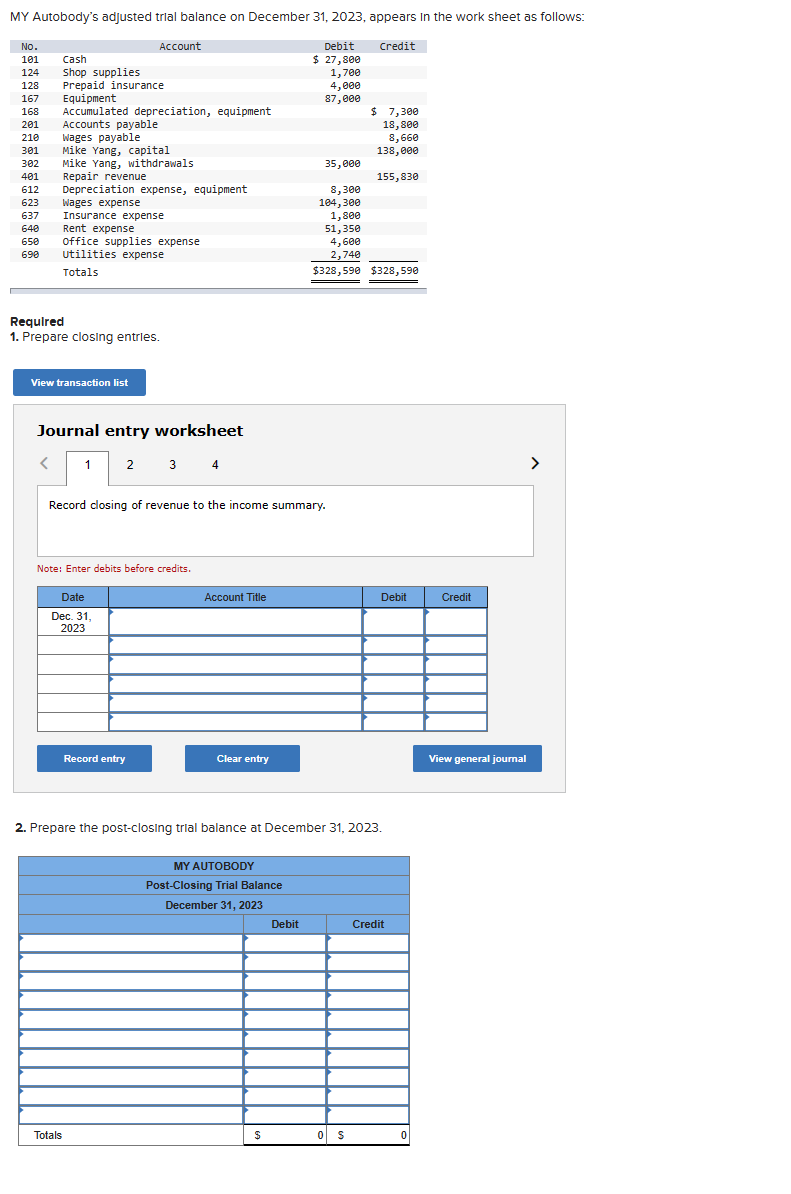 Solved MY Autobody's adjusted trlal balance on December 31, | Chegg.com