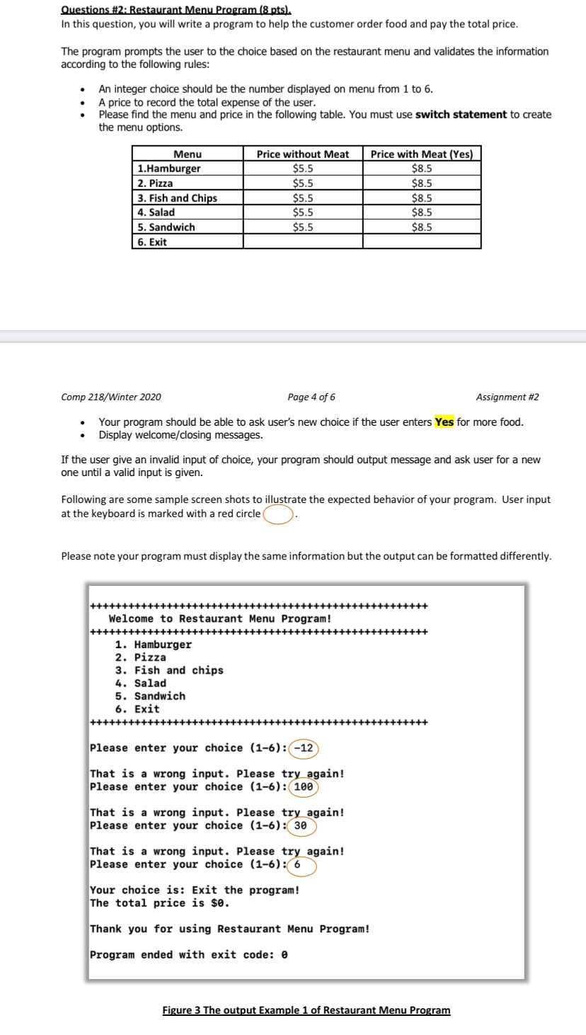Solved Questions #2A Restaurant Menu Program (8 pts). In | Chegg.com