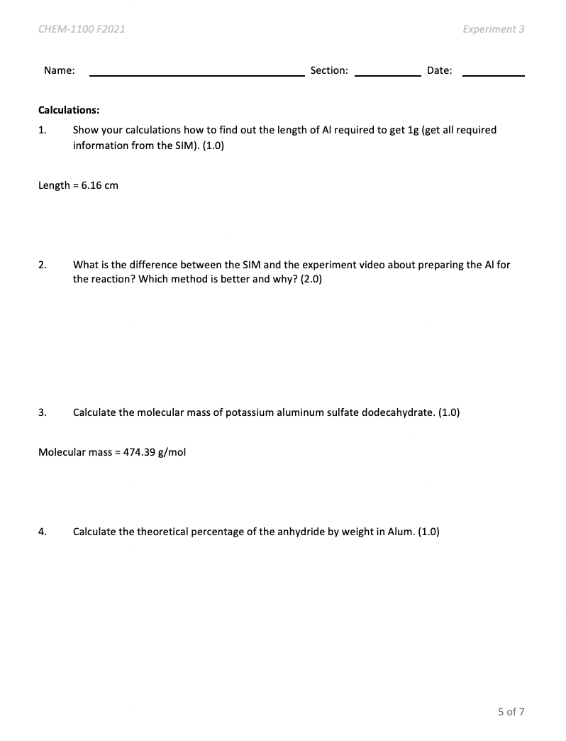 Solved CHEM-1100 F2021 Experiment 3 EXPERIMENT 3 Limiting | Chegg.com