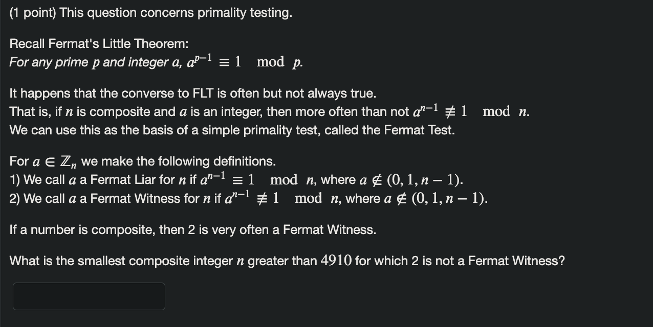Solved (1 point) This question concerns primality testing. | Chegg.com