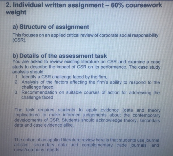 Solved 2. Individual written assignment-60% coursework | Chegg.com